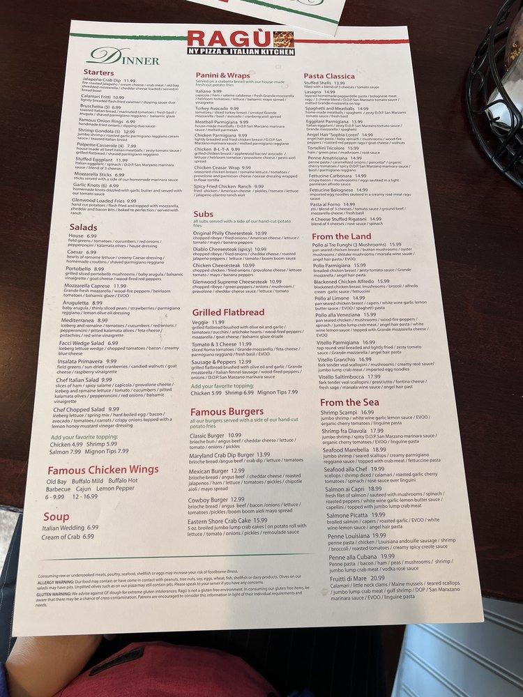 Menu at RAGU NY PIZZA & ITALIAN KITCHEN pizzeria, Glenwood