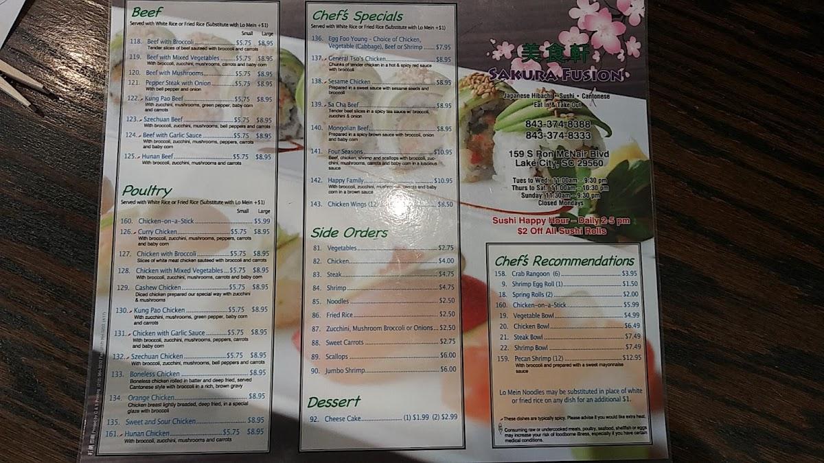 Menu at Sakura Fusion restaurant, Lake City