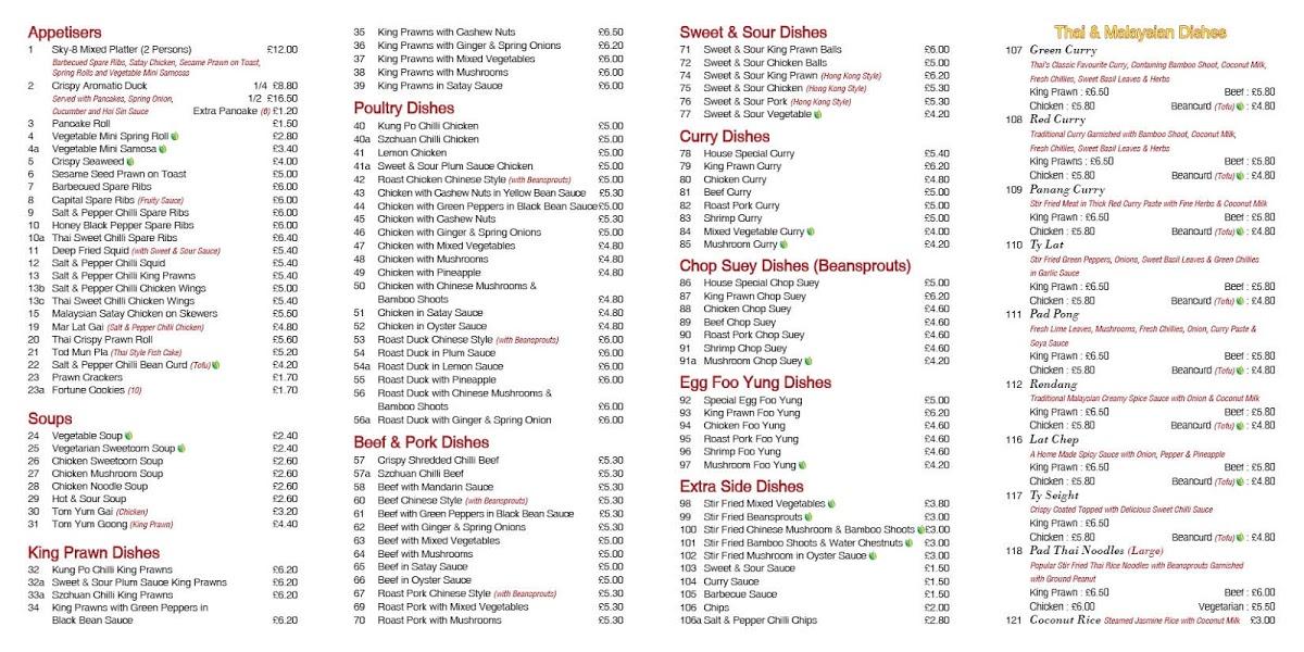 Menu at Sky-8 fast food, Leighton Buzzard