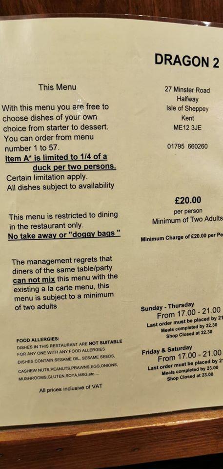 Menu at The Dragon fast food, Minster on Sea