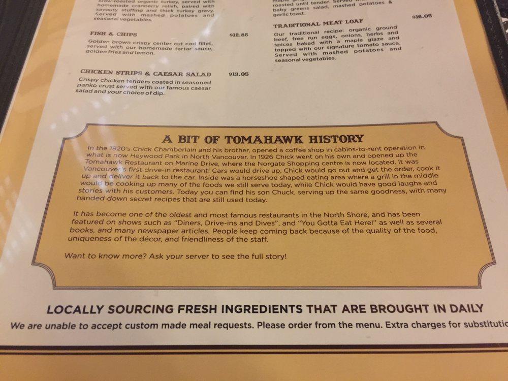 Carta de Tomahawk Restaurant, North Vancouver