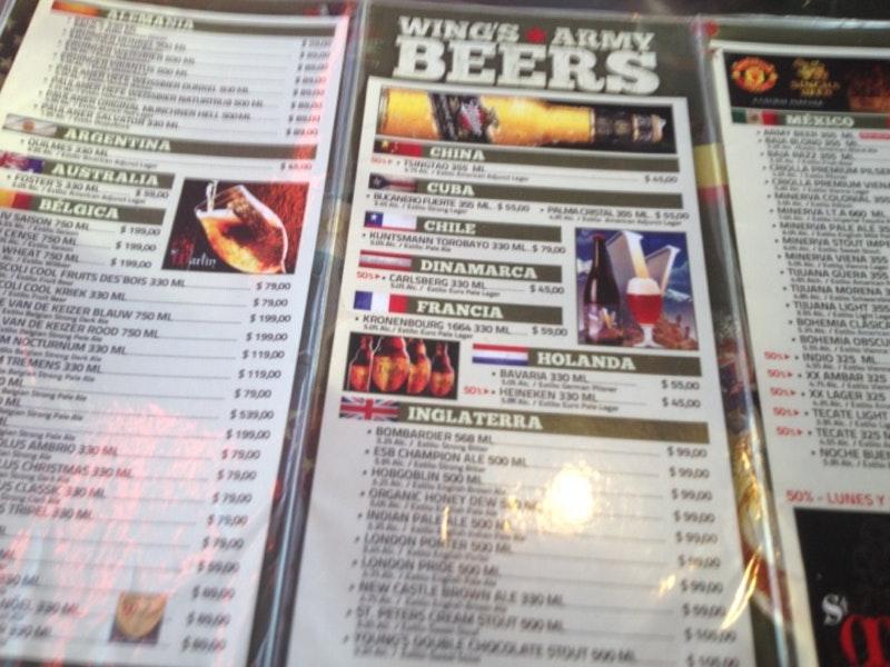Carta del restaurante Wing's Army, Coatzacoalcos