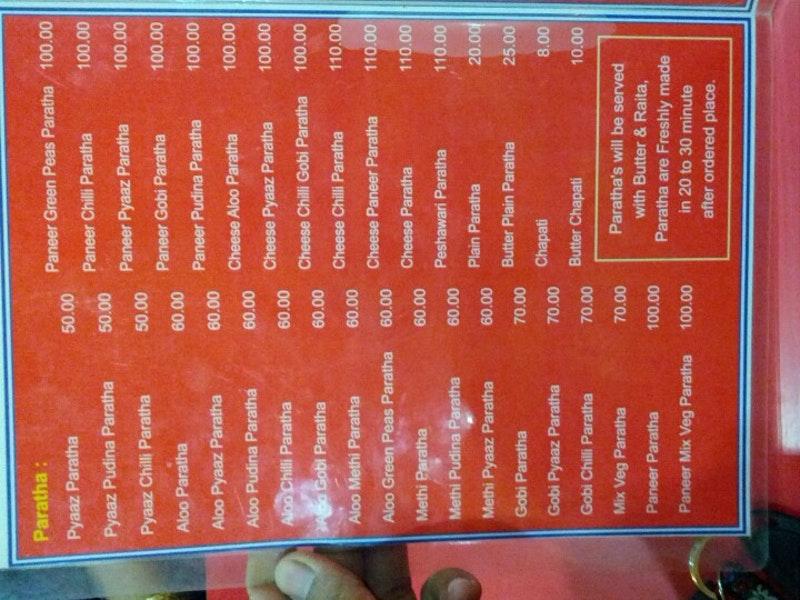 Menu at Paratha Express, Pune