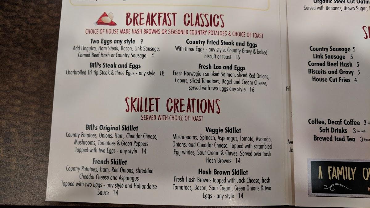Menu at Bill's Cafe, Fremont