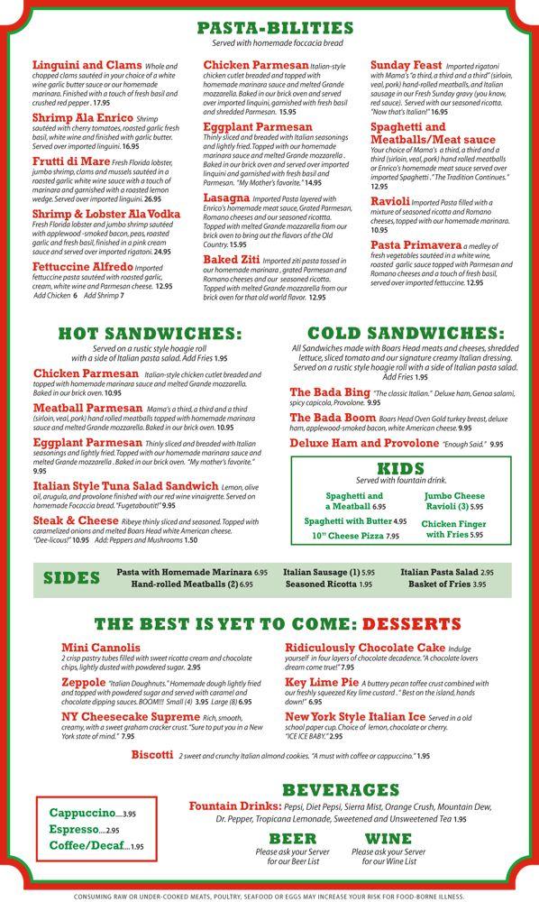 Menu at Enrico’s Pizza pizzeria, Tavernier