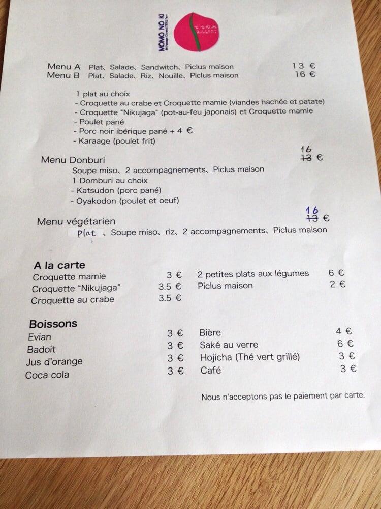 Menu at Momonoki restaurant, Paris