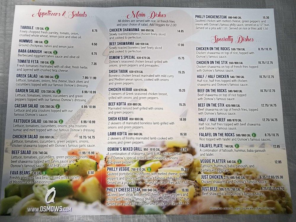 Menu at Osmow's restaurant, Toronto, Rogers Road