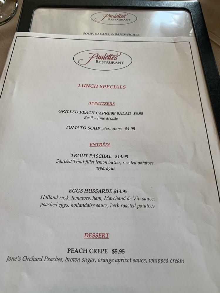 Menu at Paulette's Restaurant, Memphis, 50 Harbor Town Square