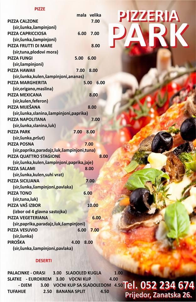 Menu at Picerija Park pizzeria, Prijedor