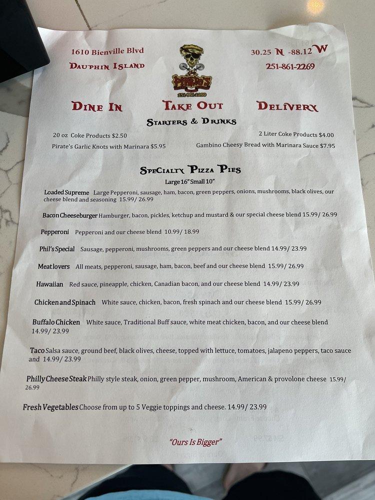 Menu at Pirate's Pizza and Wings pizzeria, Dauphin Island