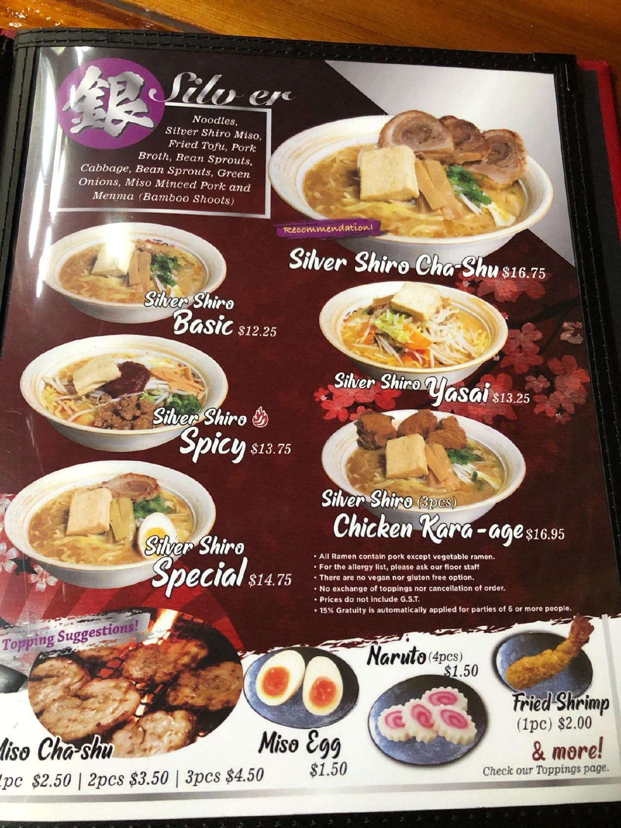 Menu at Ramen Misoya Edmonton restaurant, Edmonton