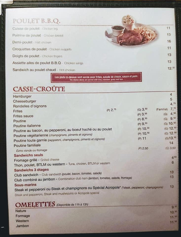 Menu au Château Acropole pizzeria, Coaticook