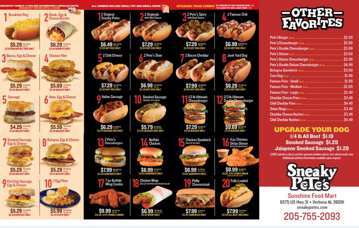 Menu at Sneaky Pete's. HotDogs & Hamburgers Breakfast, Lunch & Dinner ...