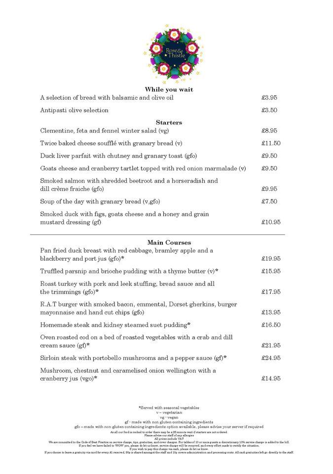 Menu at The Rose and Thistle pub & bar, Fordingbridge