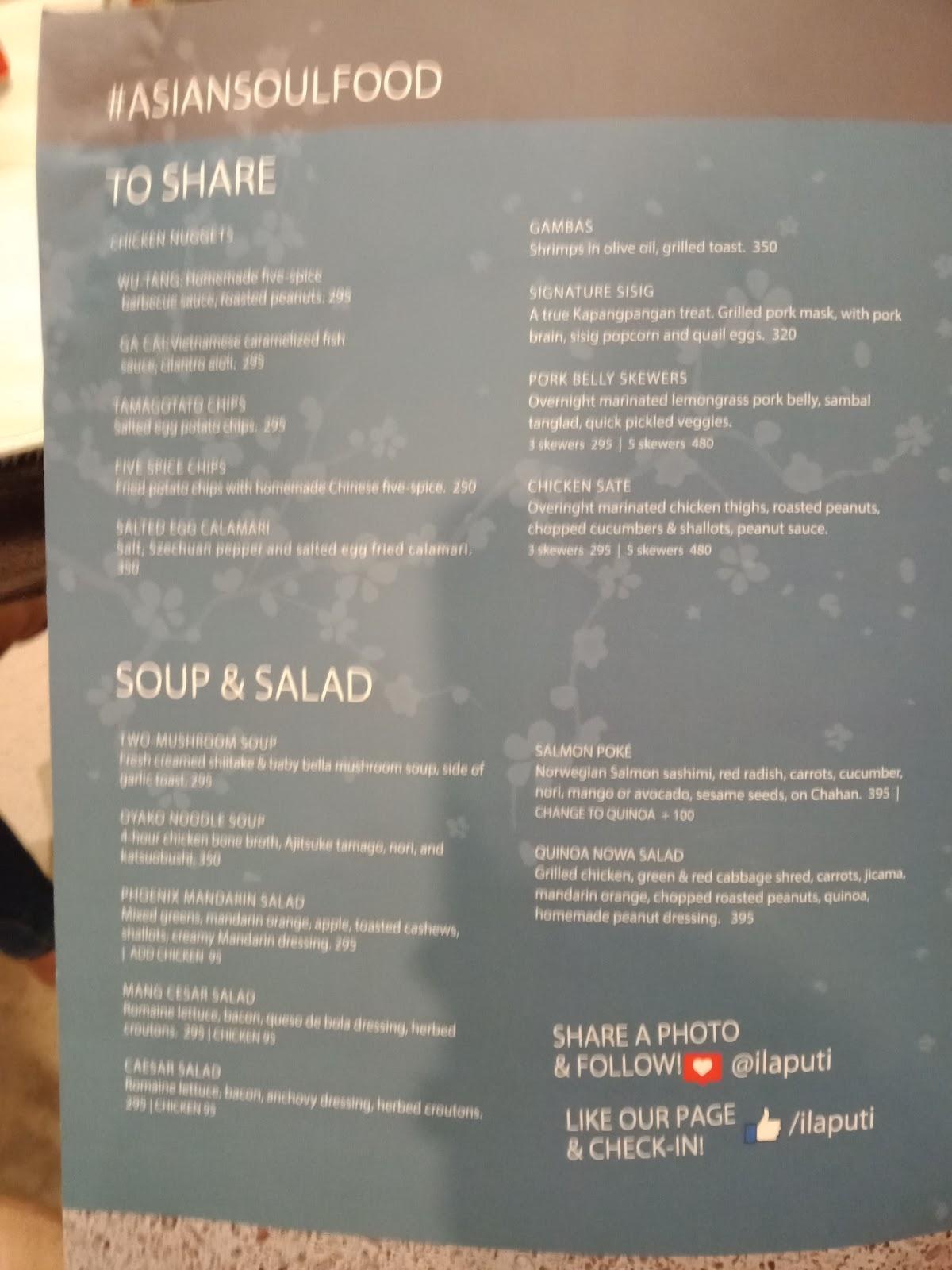 Menu at ilaputi restaurant, Cebu City, The Alcoves