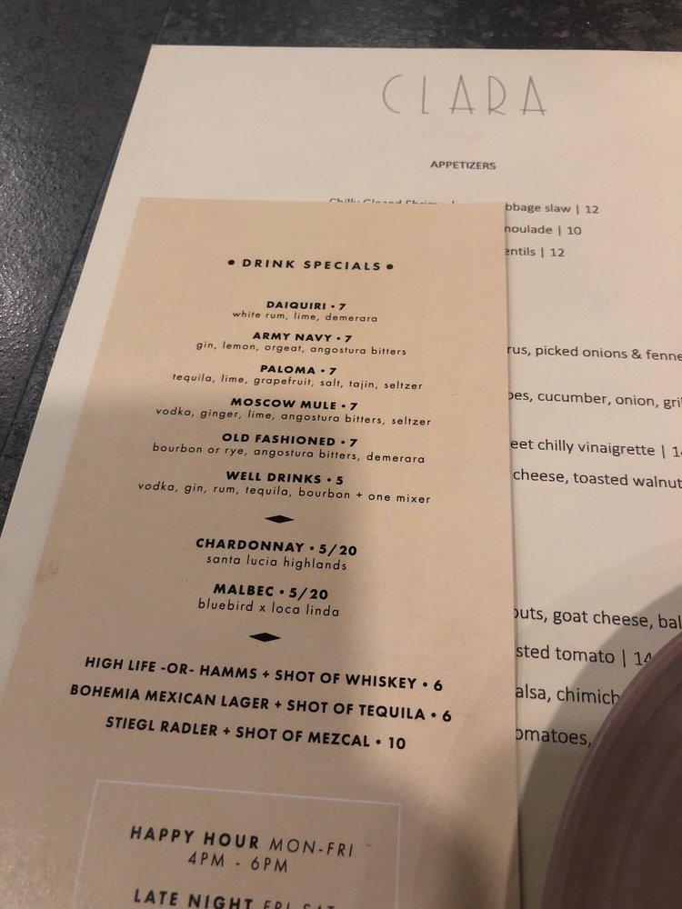 Menu at Clara Restaurant & Bar Carlsbad, Carlsbad