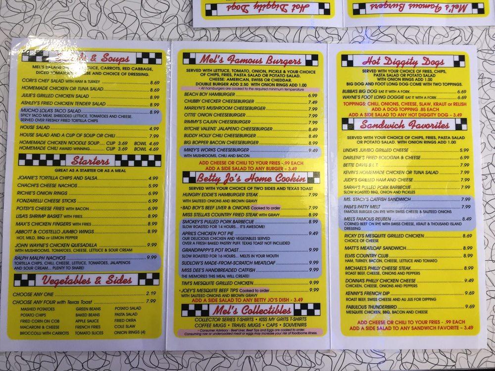 Menu at Mel's Classic Diner restaurant, Pigeon Forge