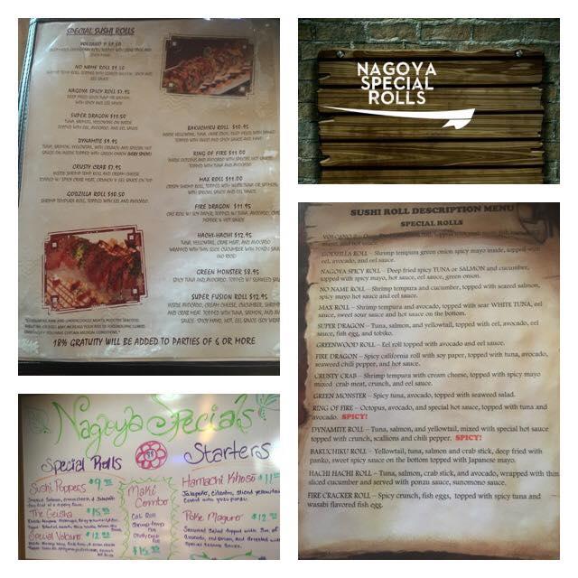 Menu at Nagoya restaurant, Greenwood