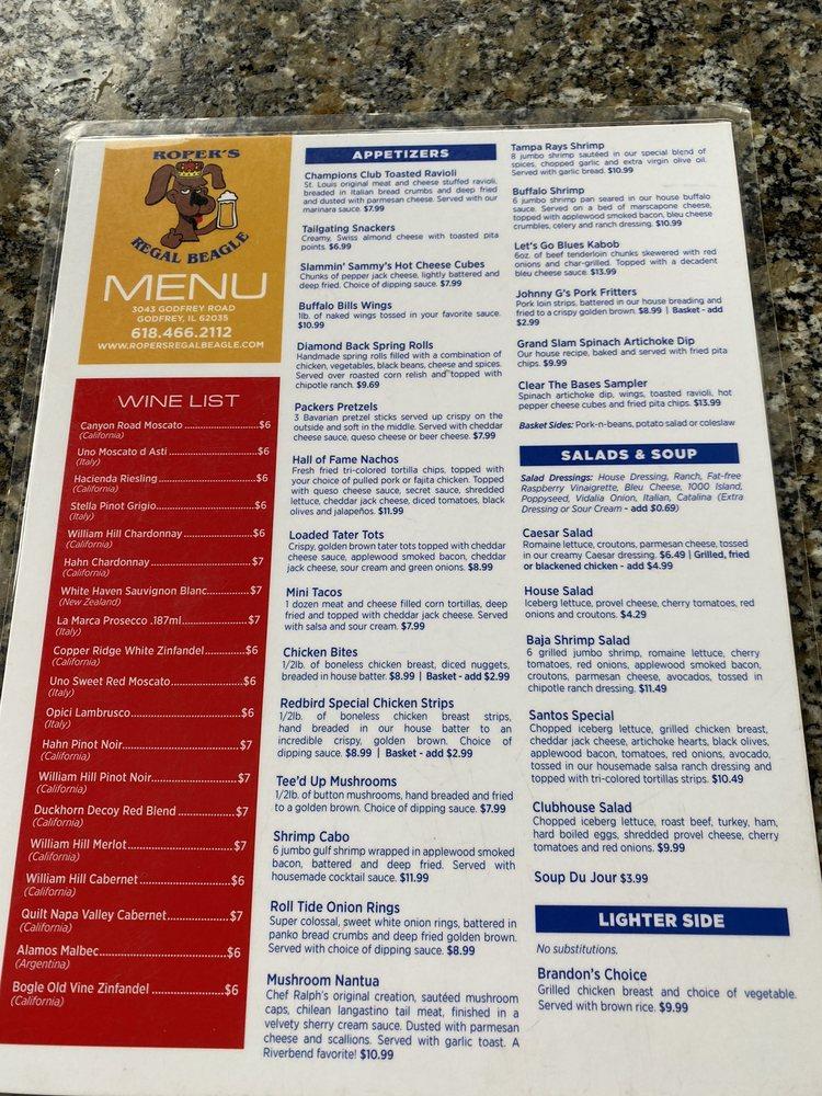 Menu at Ropers Regal Beagle pub & bar, Godfrey