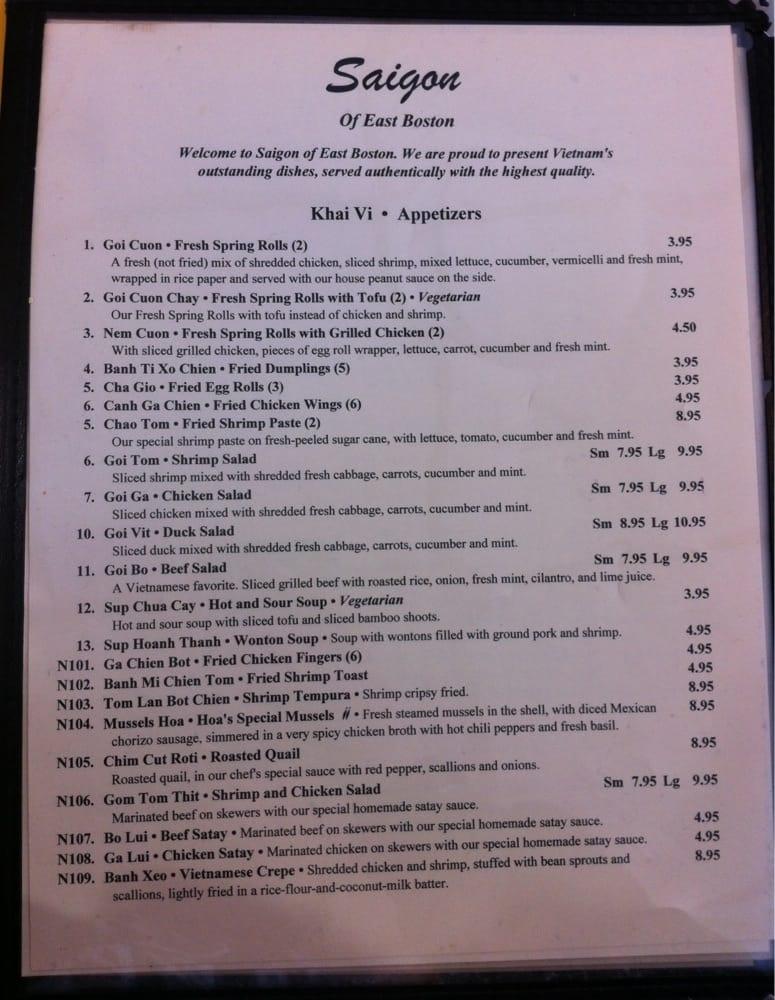 Menu at Saigon Hut restaurant, Boston