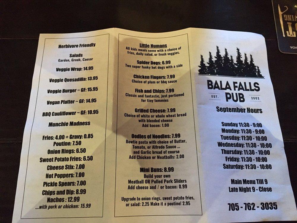 Menu at Bala Falls Pub, Bala