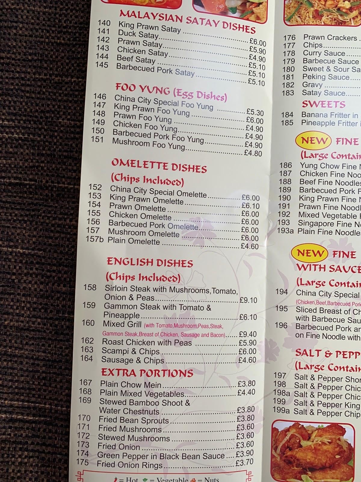 Menu at China City fast food, Cromer