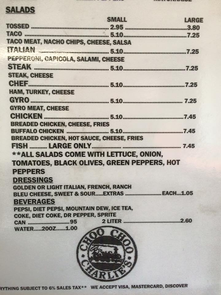 Menu at Choo Choo Charlie's pizzeria, USA