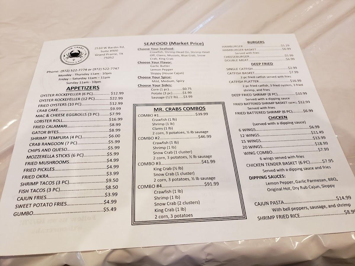 Menu at MR. Crab pub & bar, Grand Prairie
