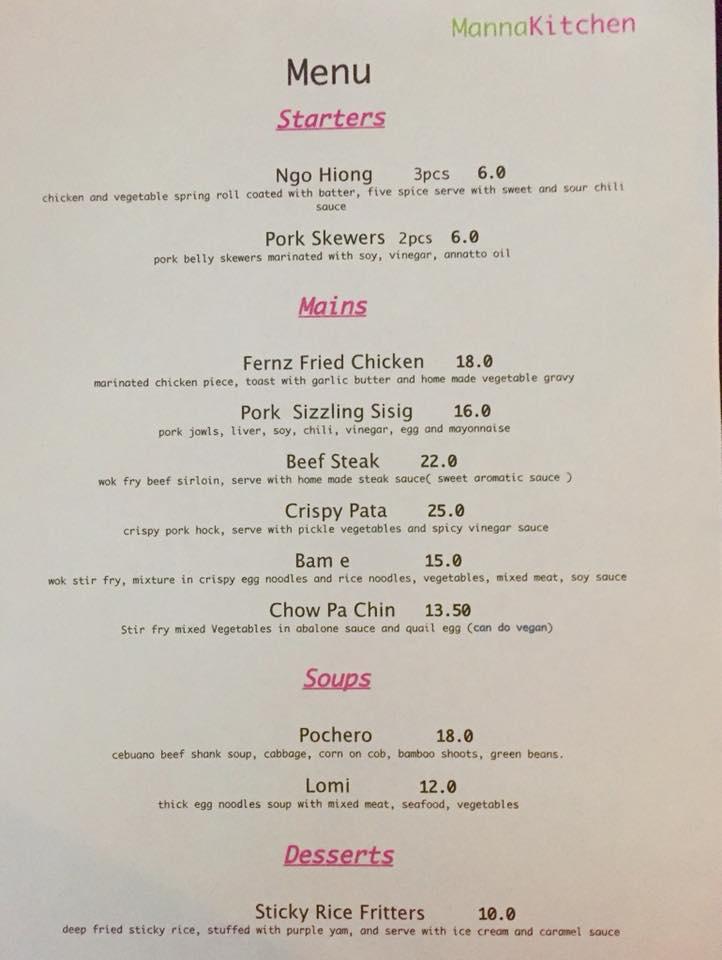 Menu at Manna Kitchen restaurant, Auckland, 244 Onehunga Mall