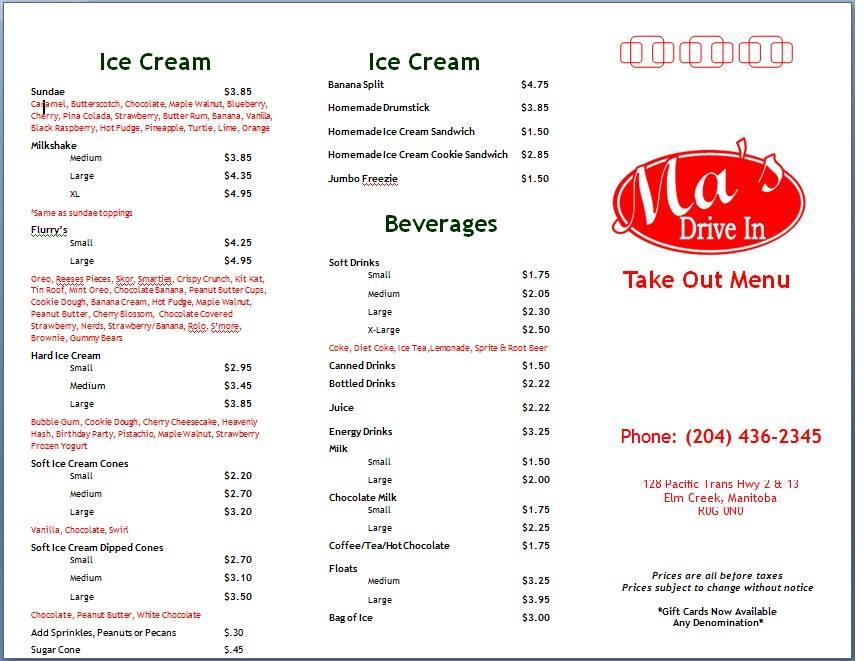 Menu at Ma's Drive-in restaurant, Canada