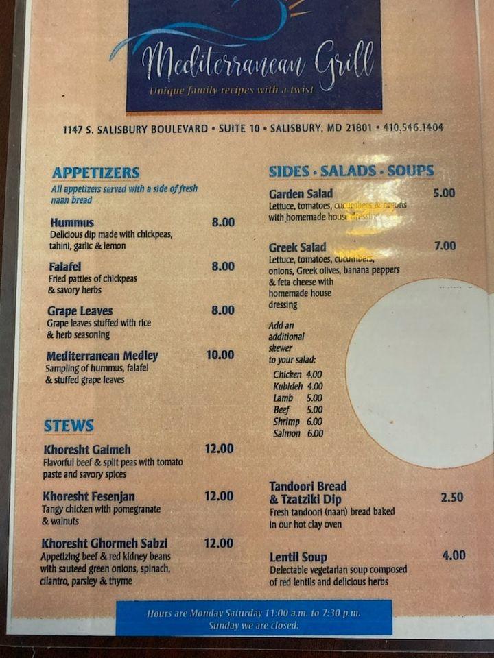 Menu at Mediterranean Grill restaurant, Salisbury