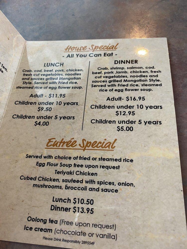 Menu at Moon's Mongolian Grill restaurant, Spokane