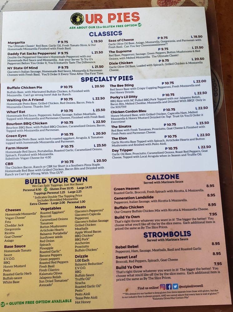 Menu at Pandora's Pies pizzeria, Elon