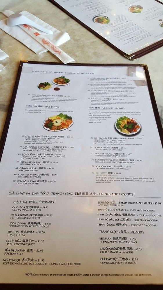 Menu at Pho Linh restaurant, Quincy