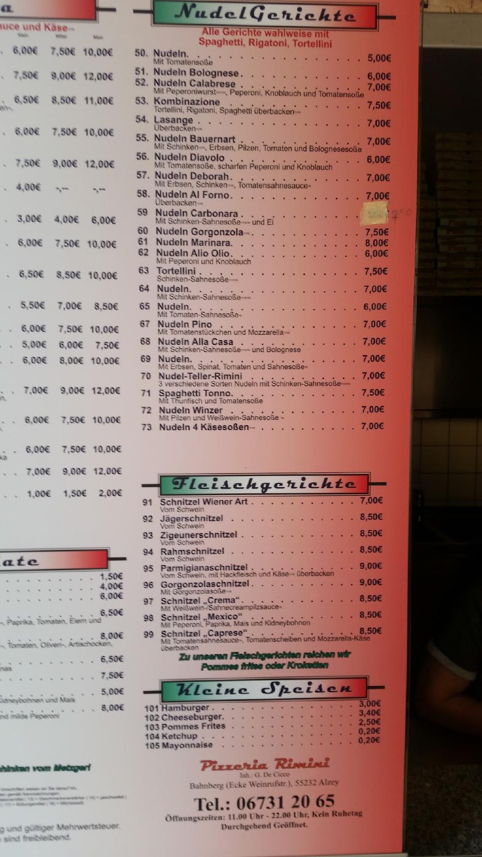 Menu at Pizzeria Rimini, Alzey