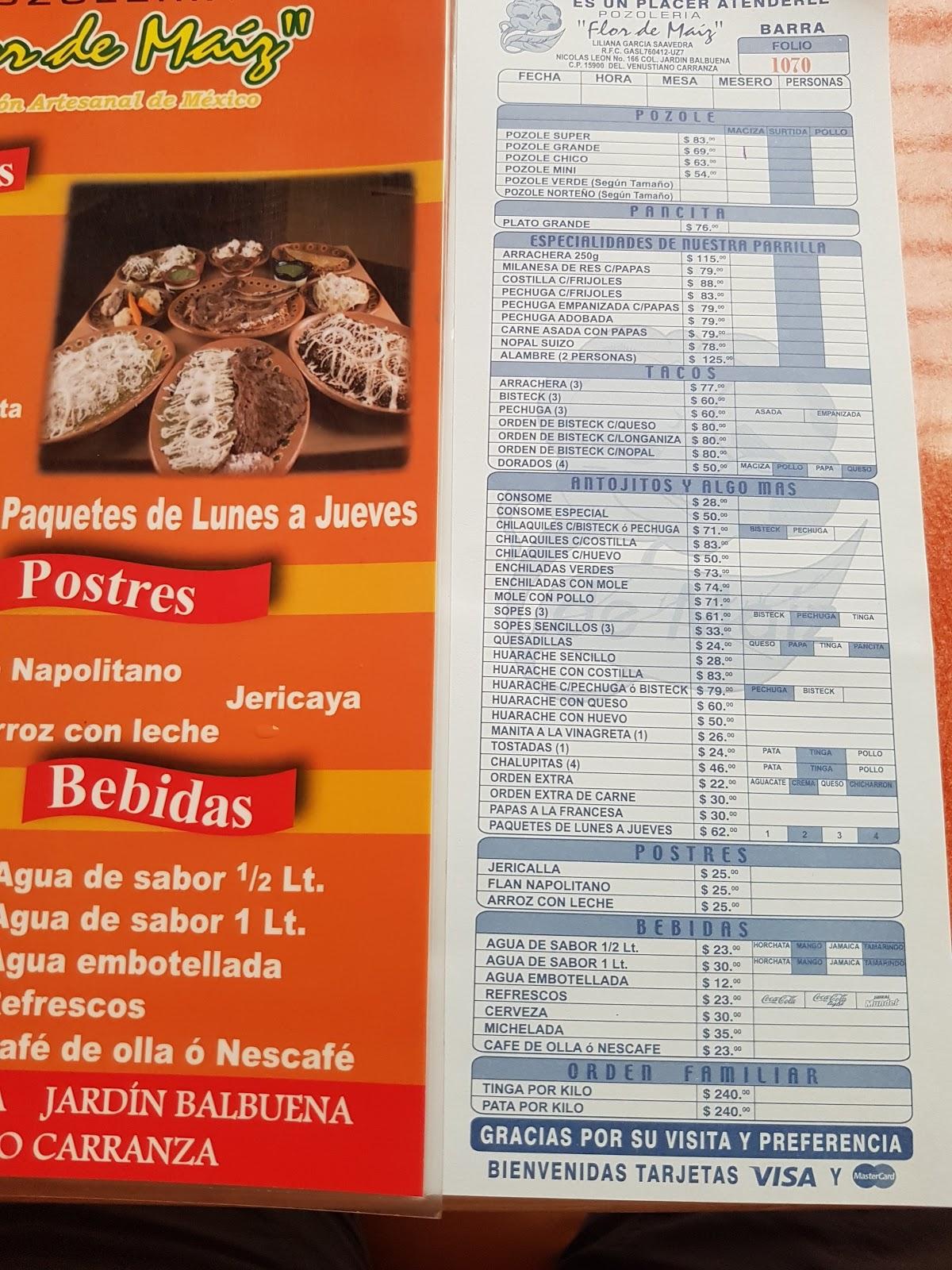 Menu at Pozoleria Flor De Maíz restaurant, Mexico City, Nicolás León 164