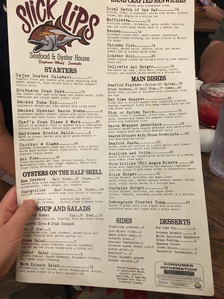 Menu at Slick Lips Seafood & Oyster House restaurant, Miramar Beach