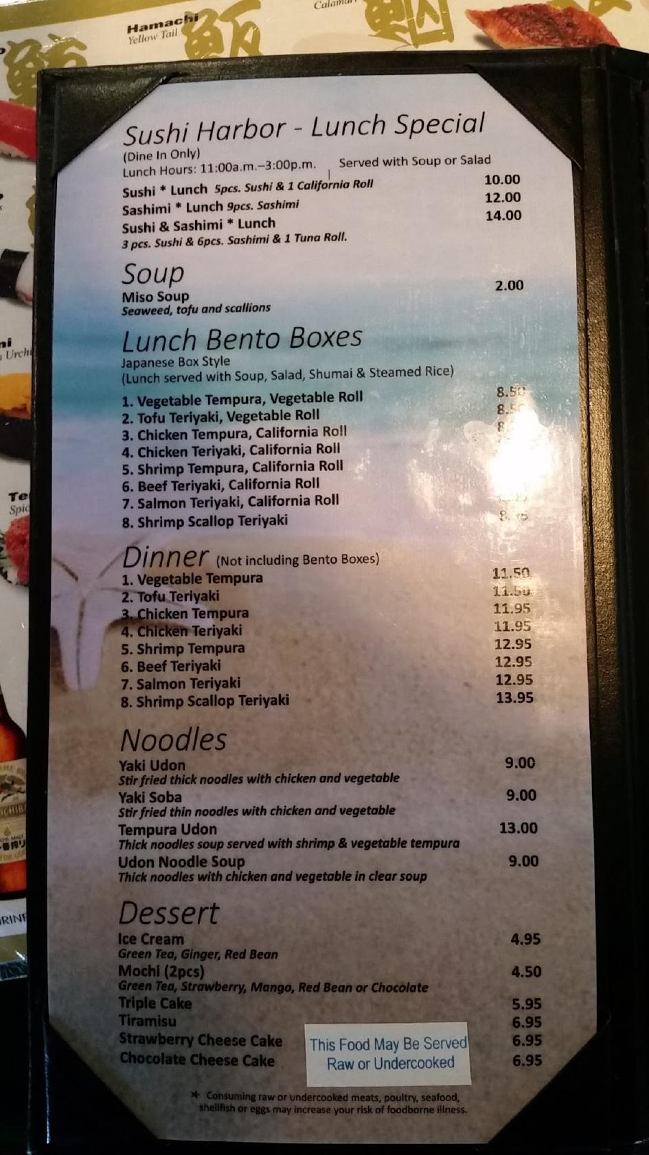 Menu at Sushi Harbor restaurant, Denver