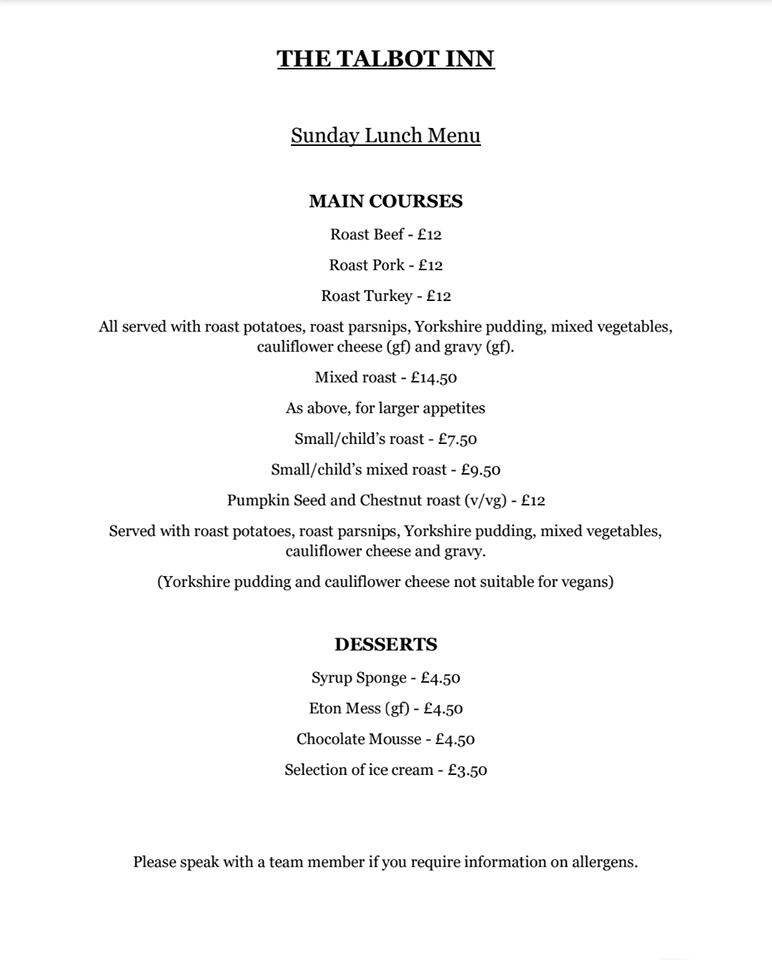 Menu at Talbot Inn pub & bar, Calne