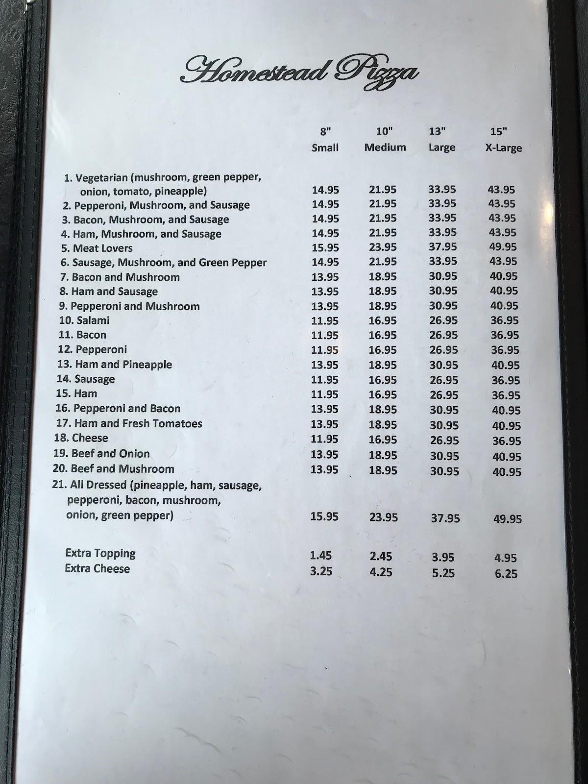 Menu at Homestead restaurant, Wynyard