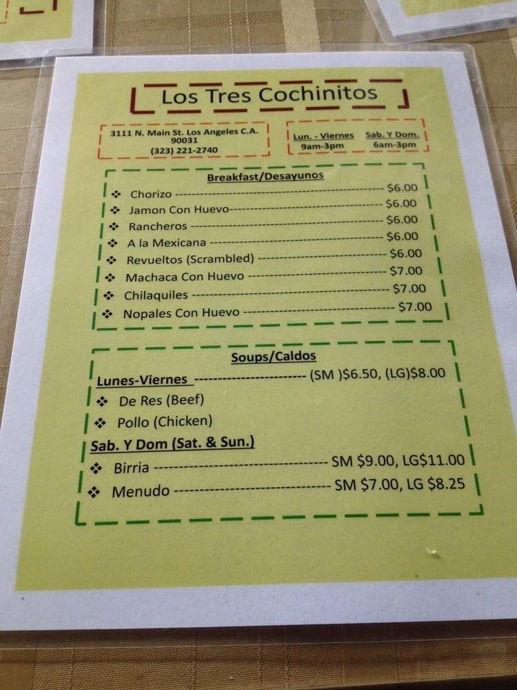 Carta de Los Tres Cochinitos Restaurant, Los Angeles, N Main St