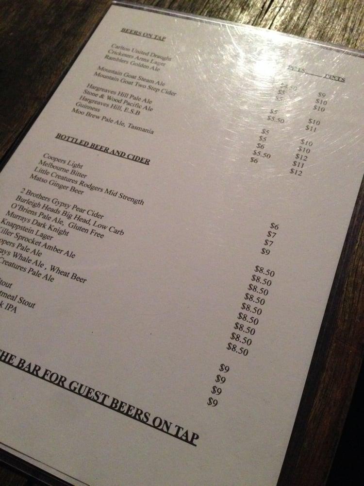 Menu at Napier Hotel restaurant, Fitzroy
