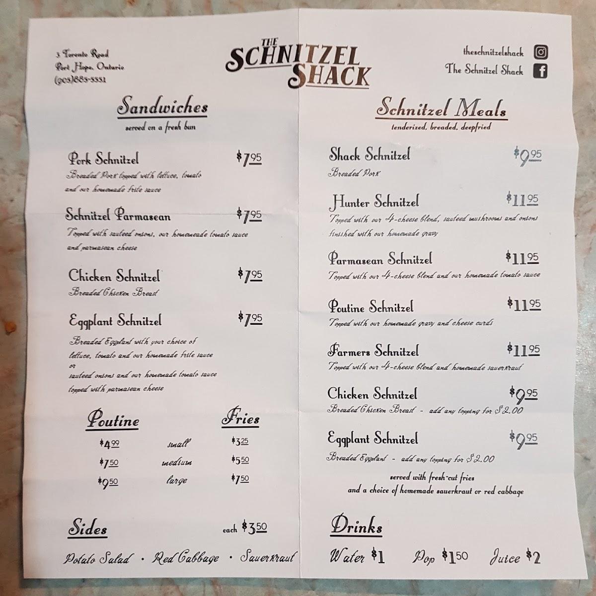 Menu at The Schnitzel Shack fast food, Port Hope