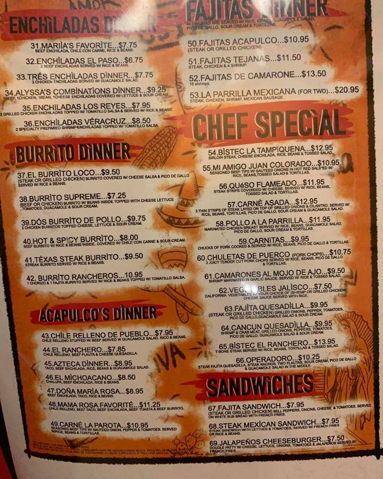 Menu at Acapulco Mexican Grill restaurant, Blackstone