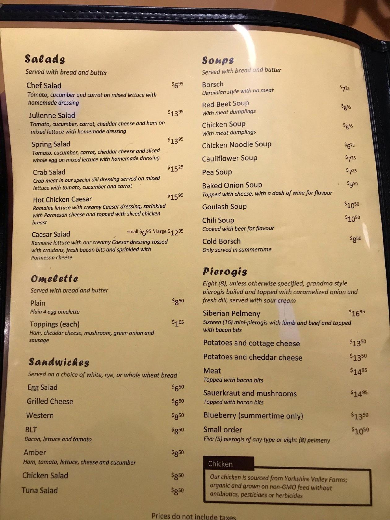 Menu at Amber European Restaurant, Toronto, Bloor St W