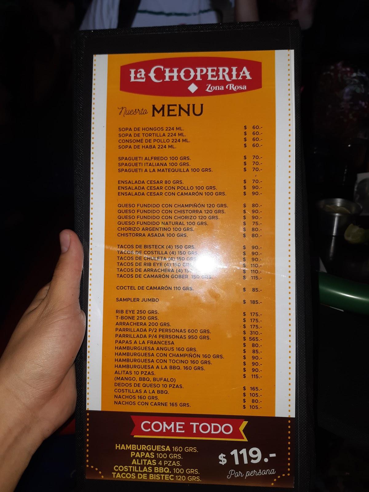 Menu at Bar La chopería, Mexico City
