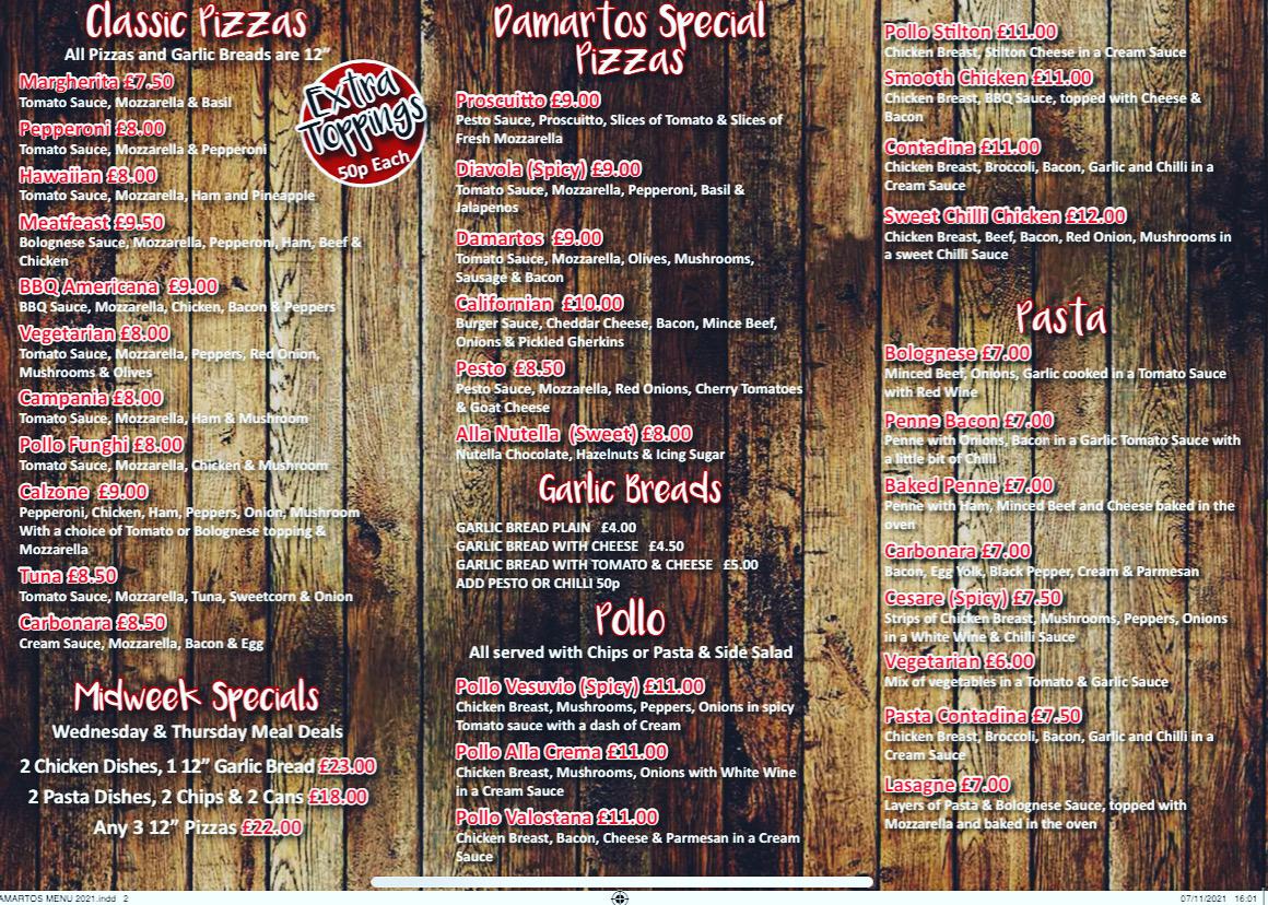 Menu at Damarto’s takeaway pizzeria, Skegness
