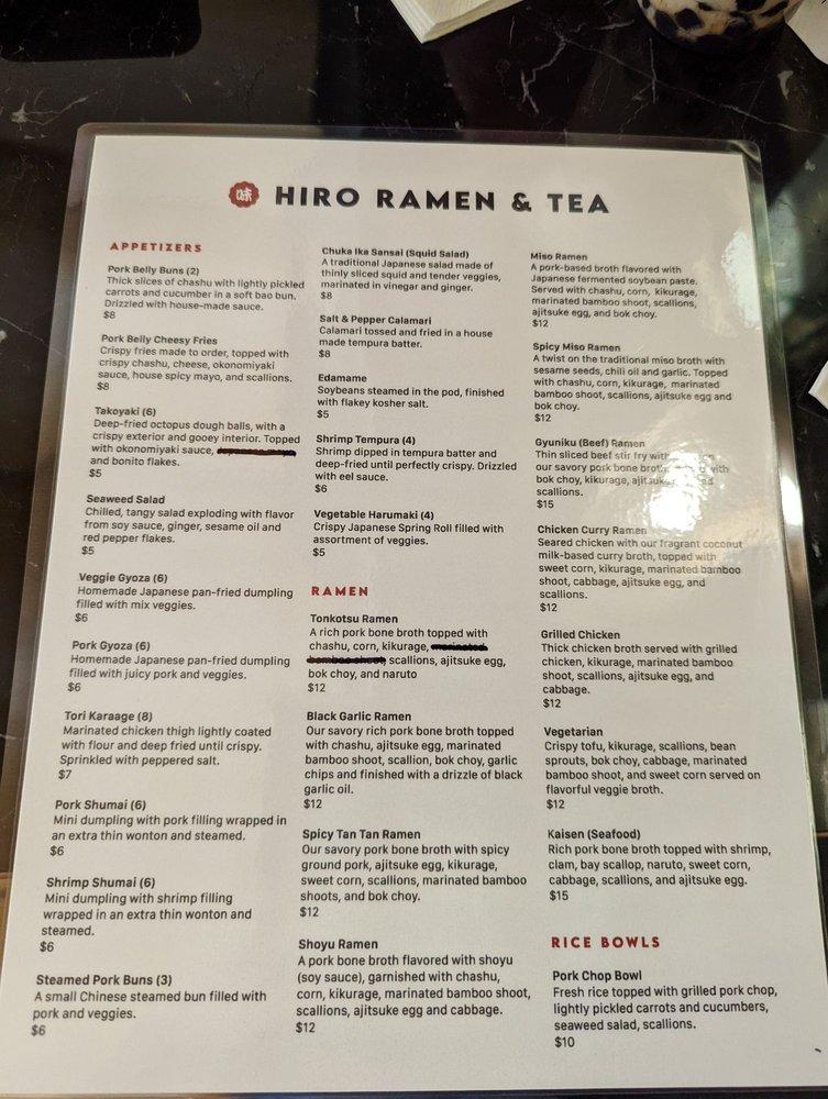 Menu at Hiro Ramen & Tea pub & bar, Columbus