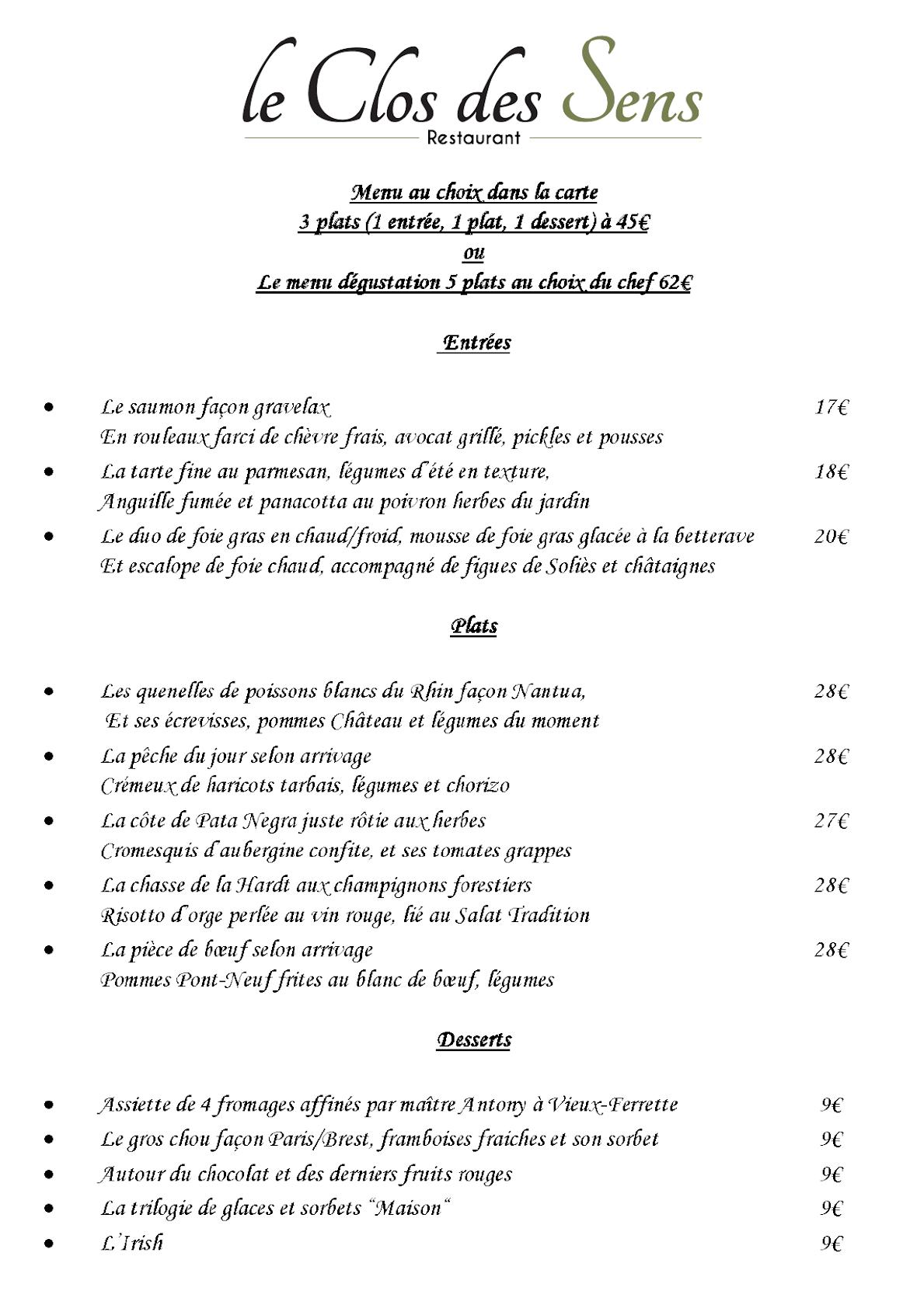 Menu au Le clos des Sens restaurant, Schlierbach, 10