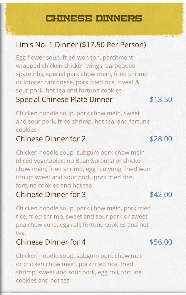Menu at Lim's Cafe, Redding